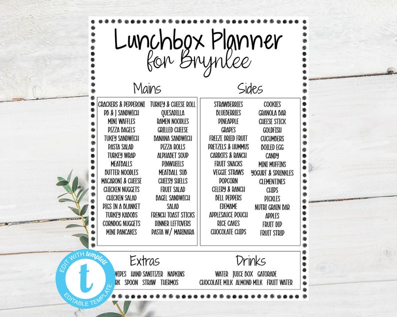 Lunchbox Planner Digital Template | Kids Lunchbox Meal Plan | Meal ...