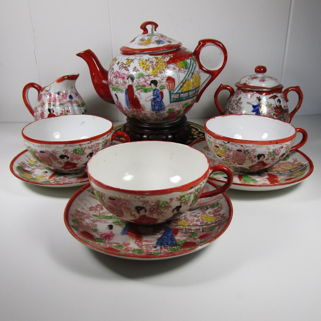 Japanese Kutani Eggshell Geisha Girl Tea Set Hand Painted Tea Pot, Tea ...