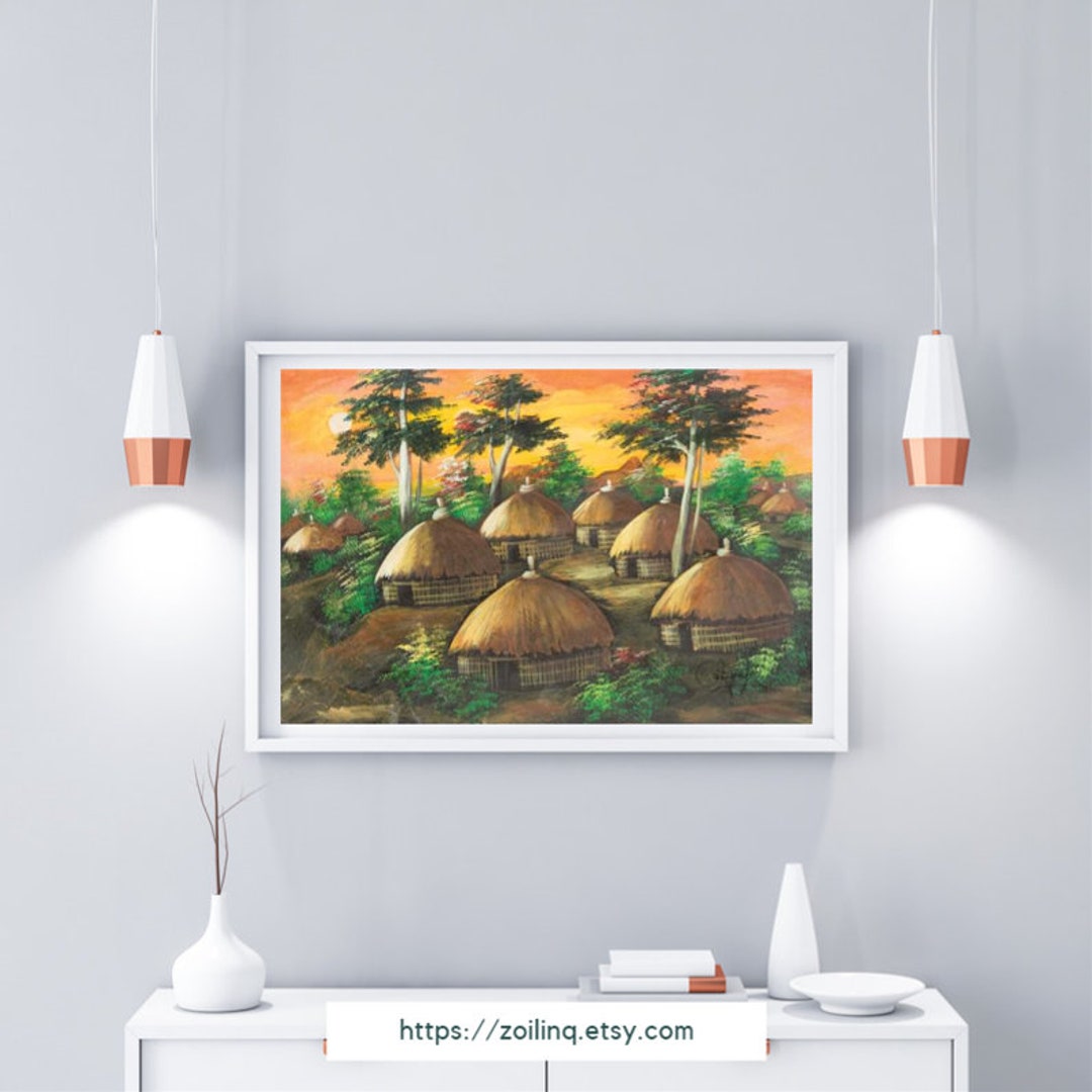 African Village With Blue Background - Etsy