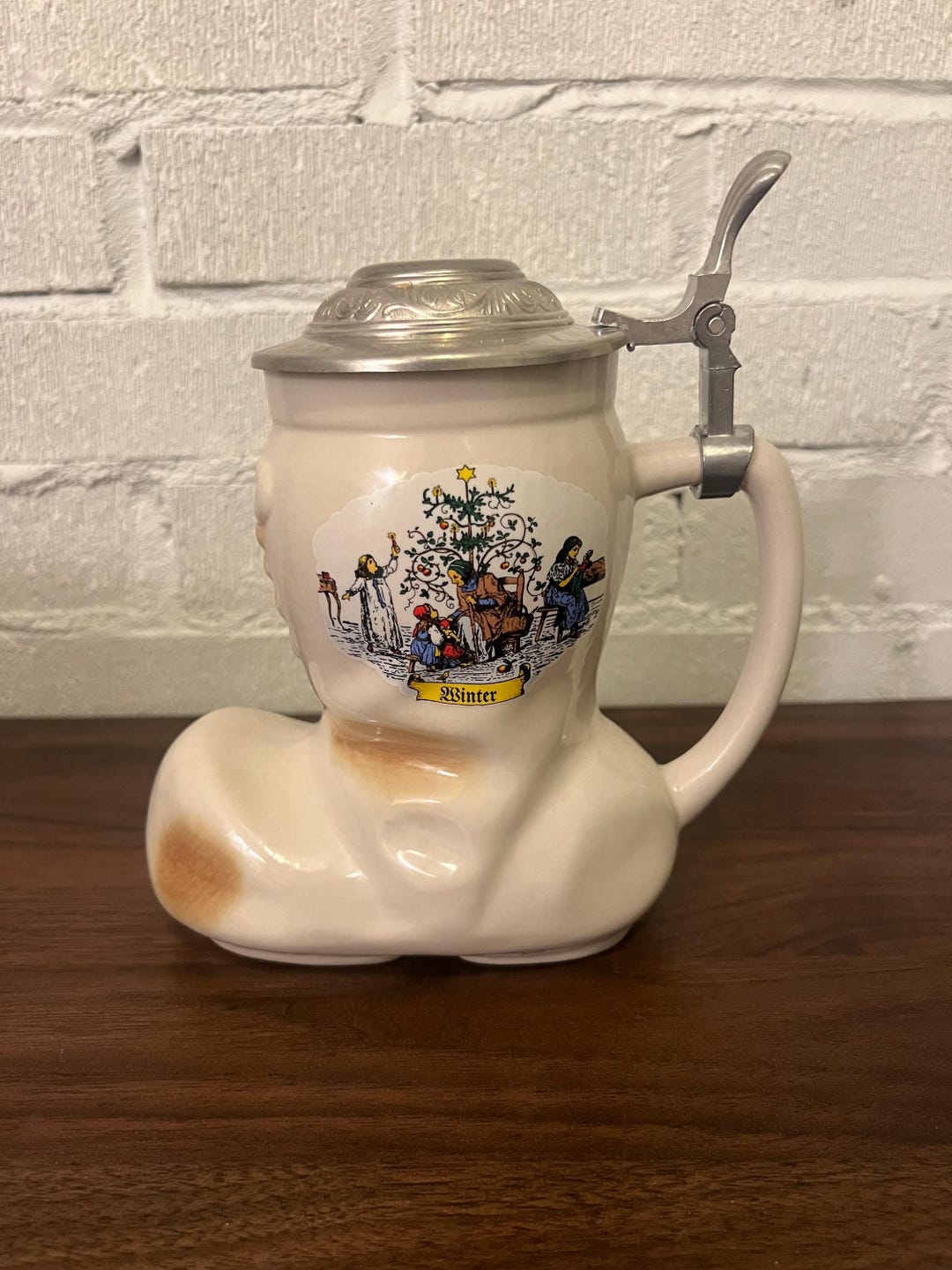 Vintage Beer Stein Boot With Metal Lid Germany Winter Theme Bavaria Mug ...