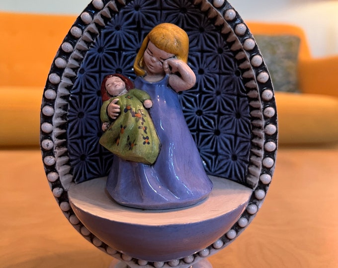 Vintage Ceramic Diorama Girl With Doll Blue Egg Christmas Decor ...