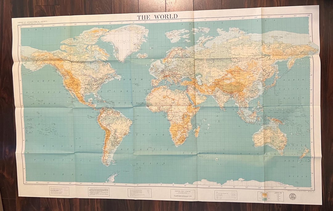 Vintage 1956 World Map American Geographical Society of New York Wall ...