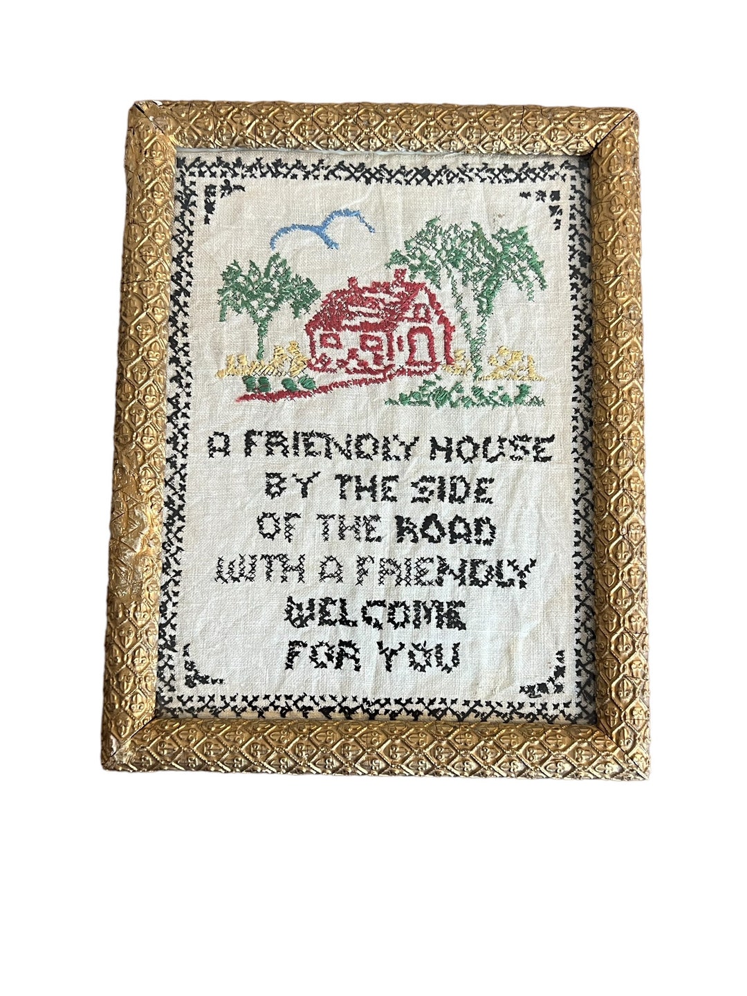 Vintage Cross Stitch Sampler in Antique Gold Ornate Wooden Frame A ...