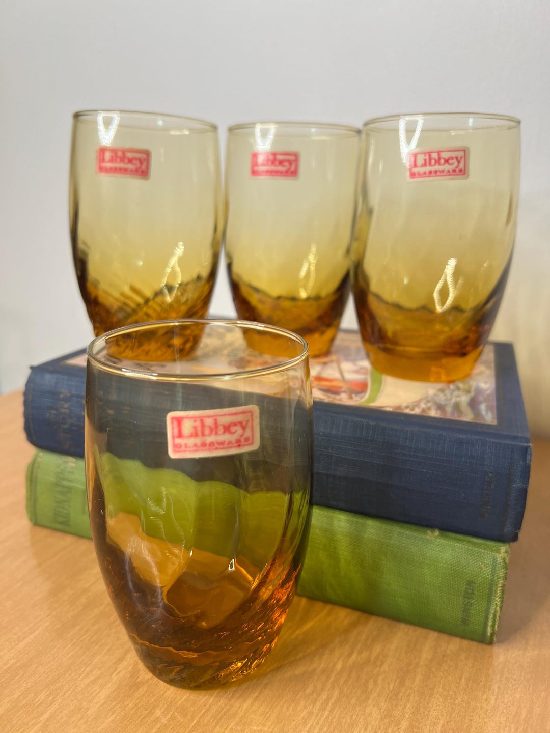 Set of 4 Matching Amber Swirl Glass Drinking Cups Glasses Unused Libbey ...