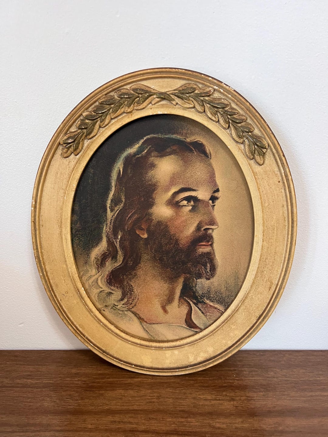 Vintage Jesus Print Ornate Oval Wooden Frame Religious Wall Decor ...