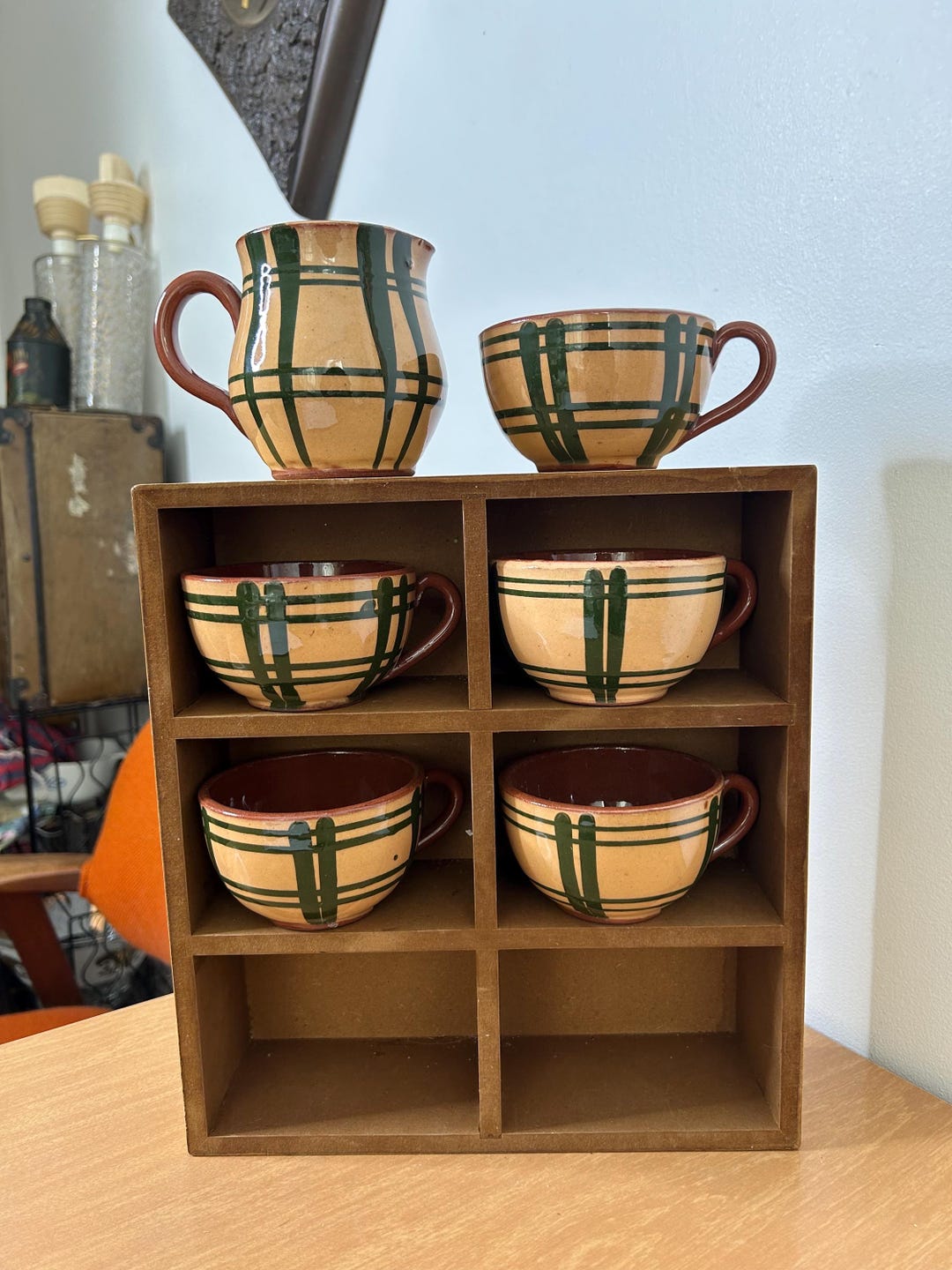 Vintage Redware Pottery Mug Set With Creamer Green & Tan Tea Cup Coffee ...