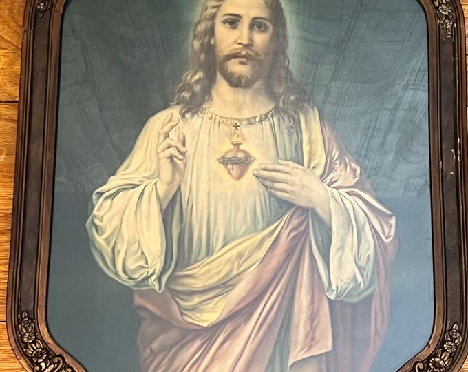 Vintage Framed Jesus Lithograph in Ornate Wooden Frame Religious Wall ...