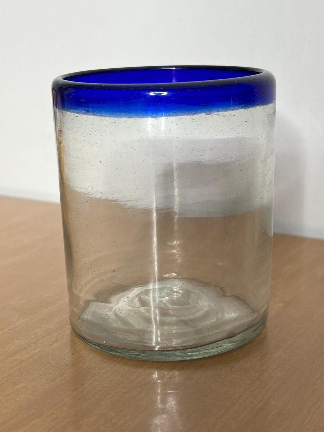 Vintage Handblown Mexican Glass Cup Clear With Cobalt Blue Rim Made in ...
