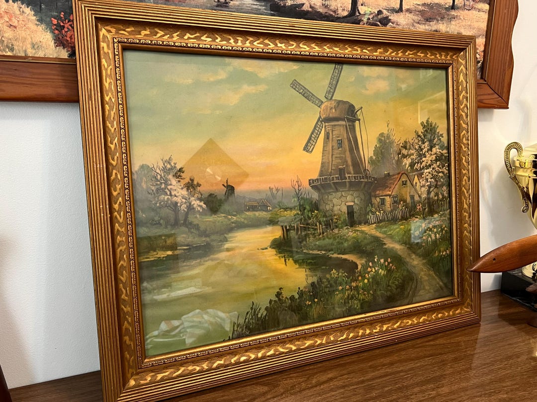 Vintage Framed Lithograph Country Cottage Scene With Windmill - Etsy