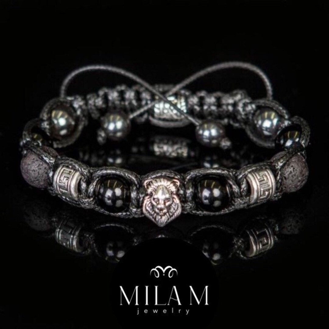Lion Bracelet Men - Black Stones and Silver Metal Beads. Black Onyx ...