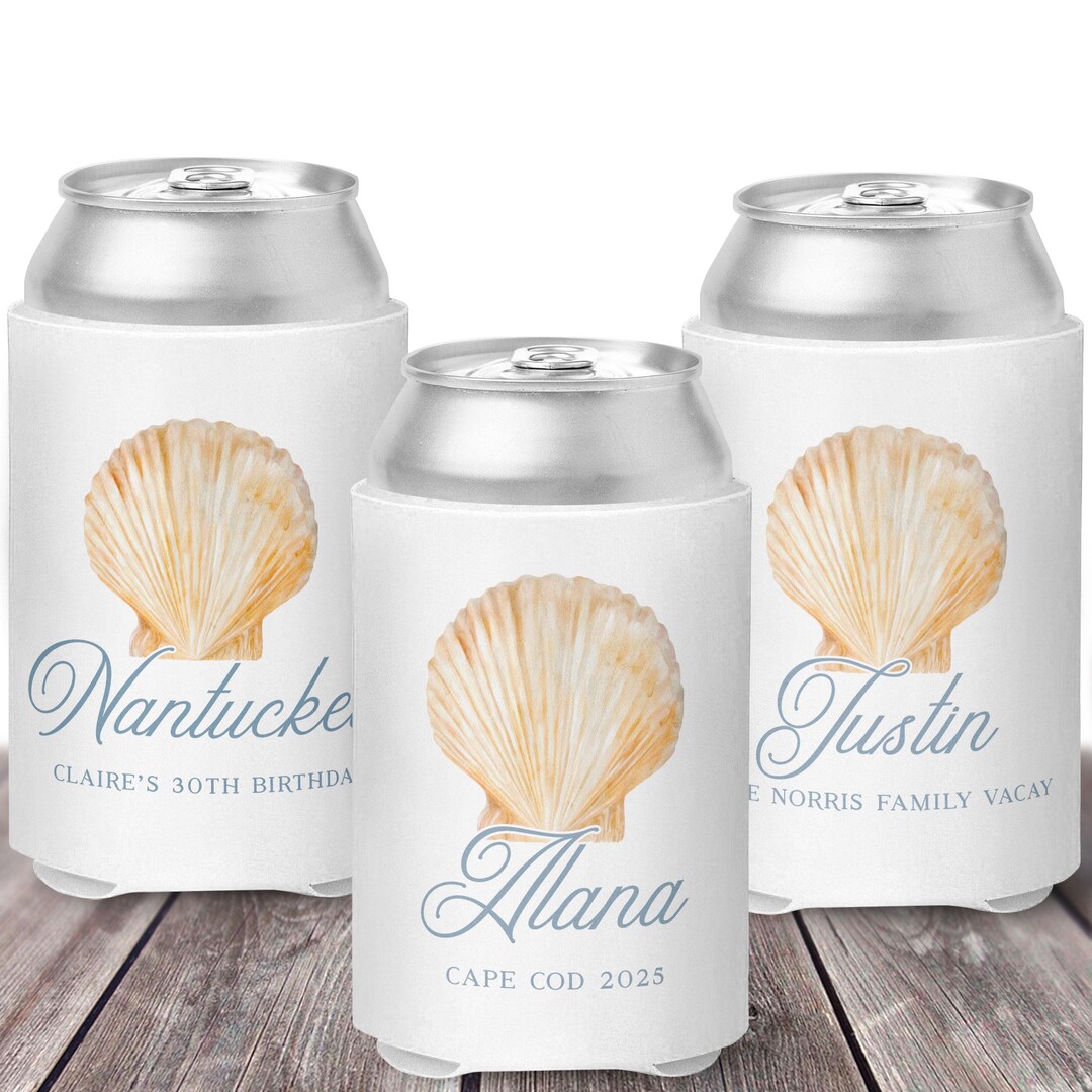 Custom Seashell Can Coolers With Name | Beach Bachelorette Party Favors ...