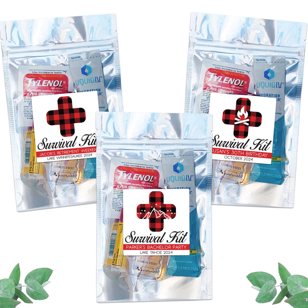 Custom Plaid Cross Survival Kit Labels + Bags, Camping Bachelorette ...