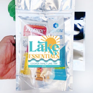 Custom Lake Essentials Labels + Resealable Bag Kit, Camping Birthday or ...