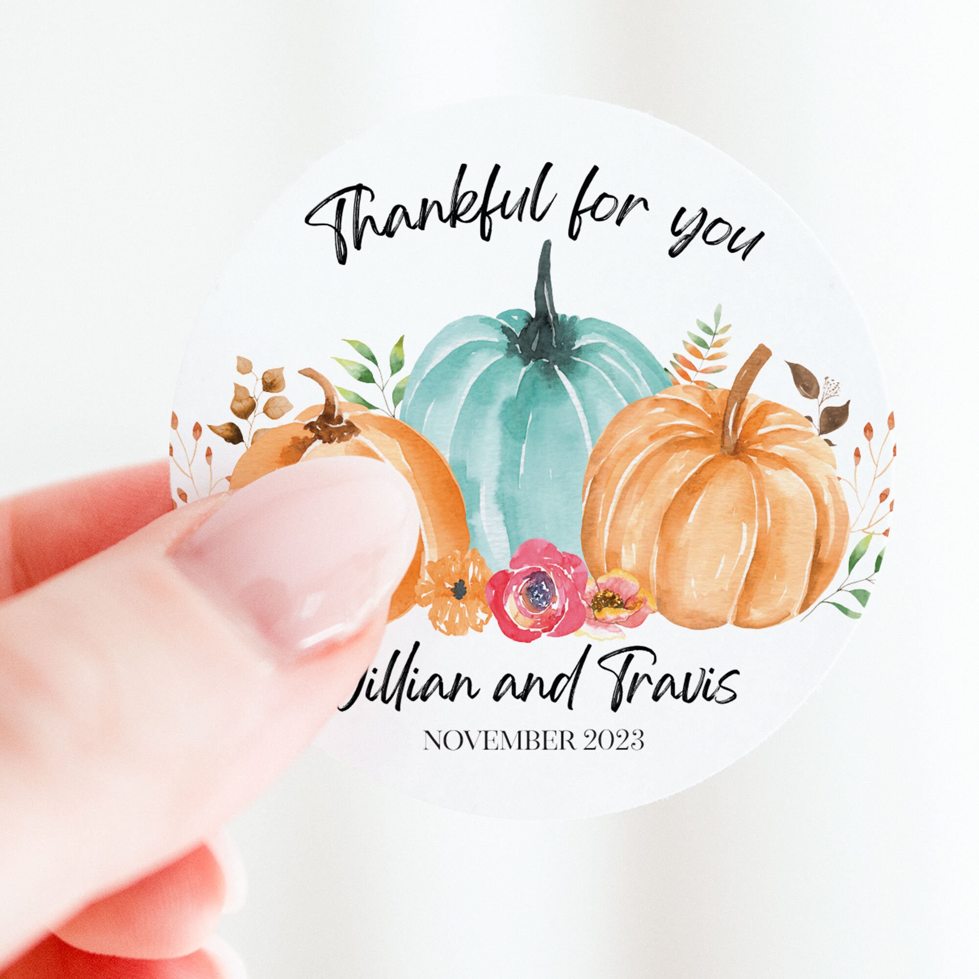 Thanksgiving Favor Labels, Custom Autumn Watercolor Pumpkin Stickers ...