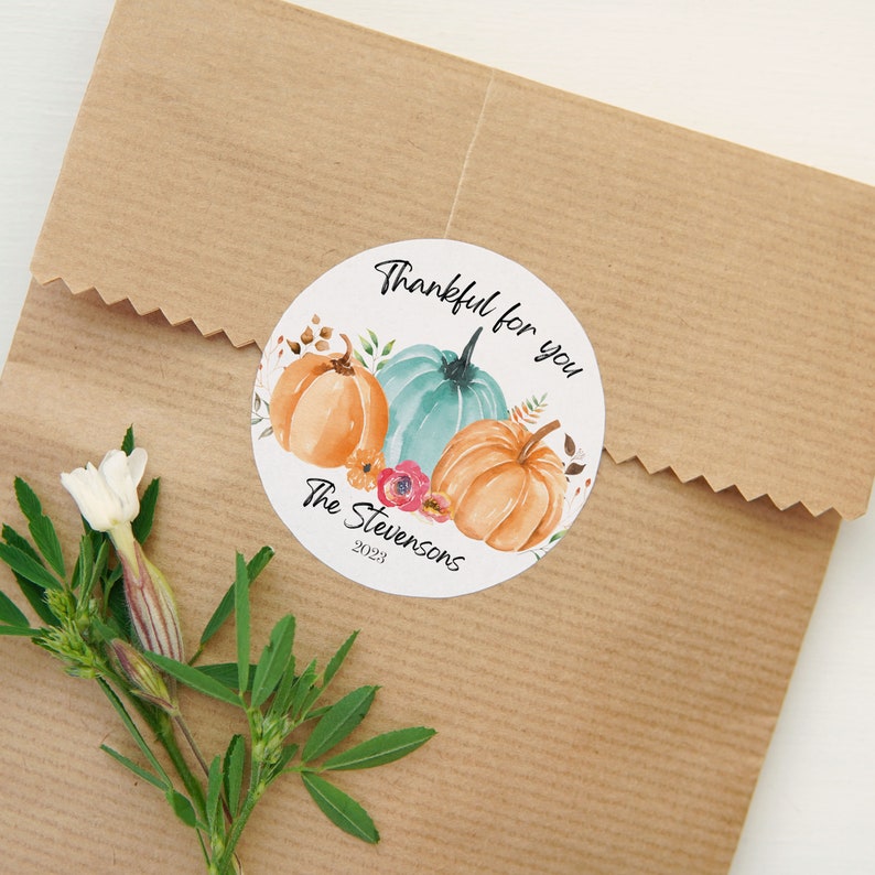Thanksgiving Favor Labels, Custom Autumn Watercolor Pumpkin Stickers ...