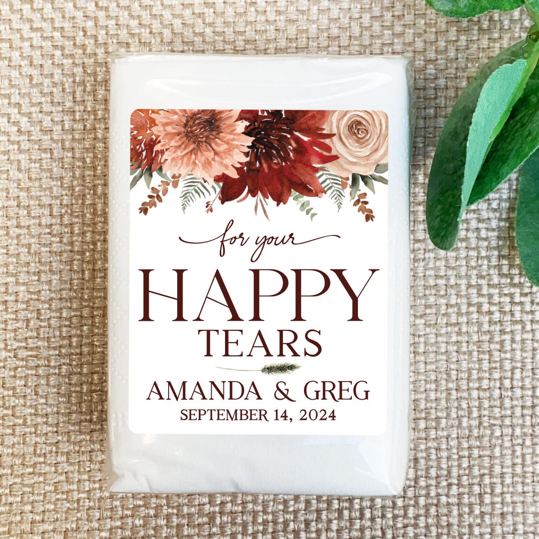 Fall Wedding Tissue Packs, Floral Wedding Favor Labels, Happy Tears ...