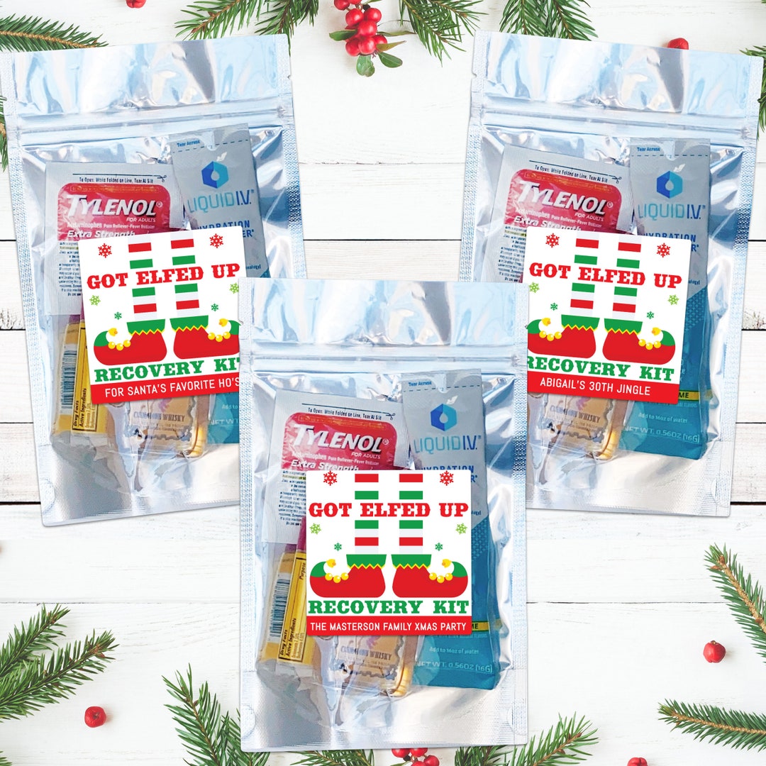 Funny Christmas Recovery Kit Labels - Hangover Survival Kit Bags - Got ...