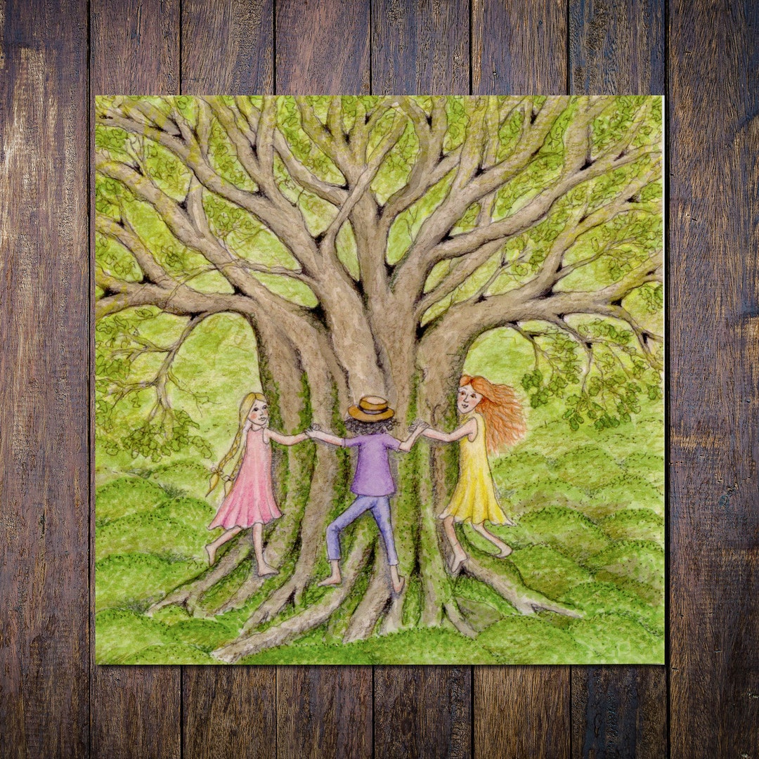 Tree Hugs Card, Children Tree Hugging Square Blank Greetings Card for ...