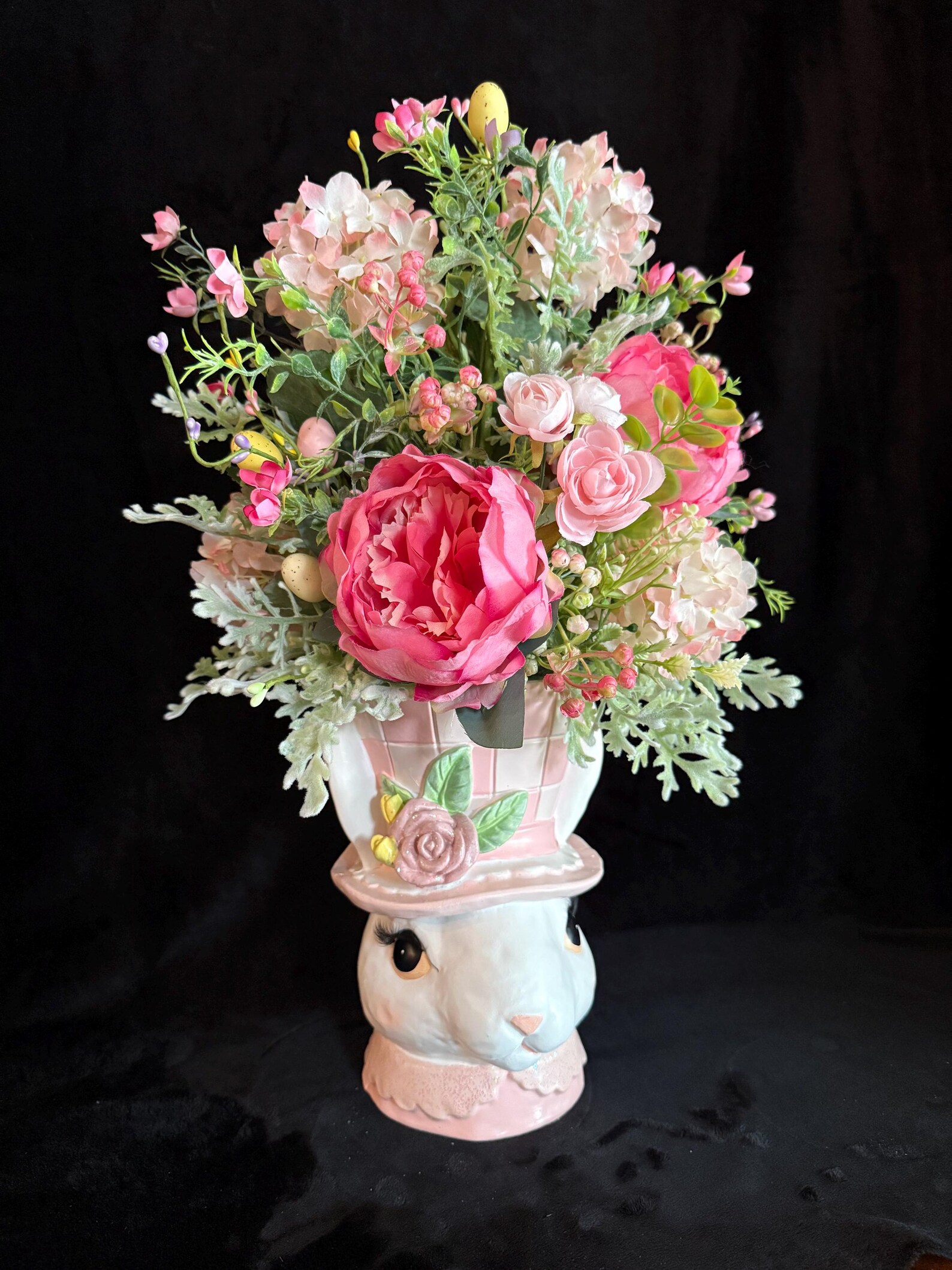Easter Bunny Floral Arrangement: Pink Peonies & Roses in Resin Vase - Etsy