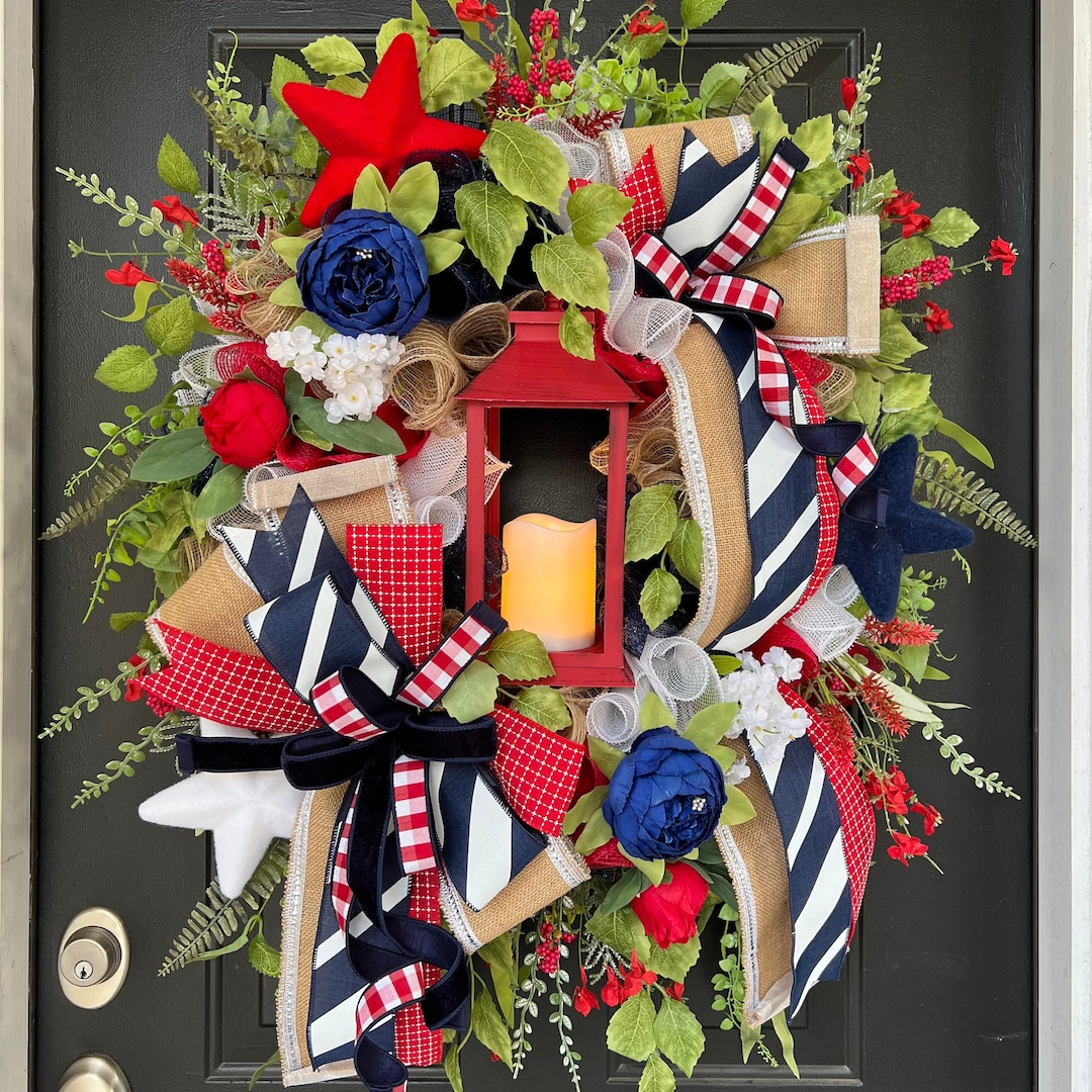 Patriotic Front Door Wreath, 4th of July Red, White & Blue Deco Mesh ...