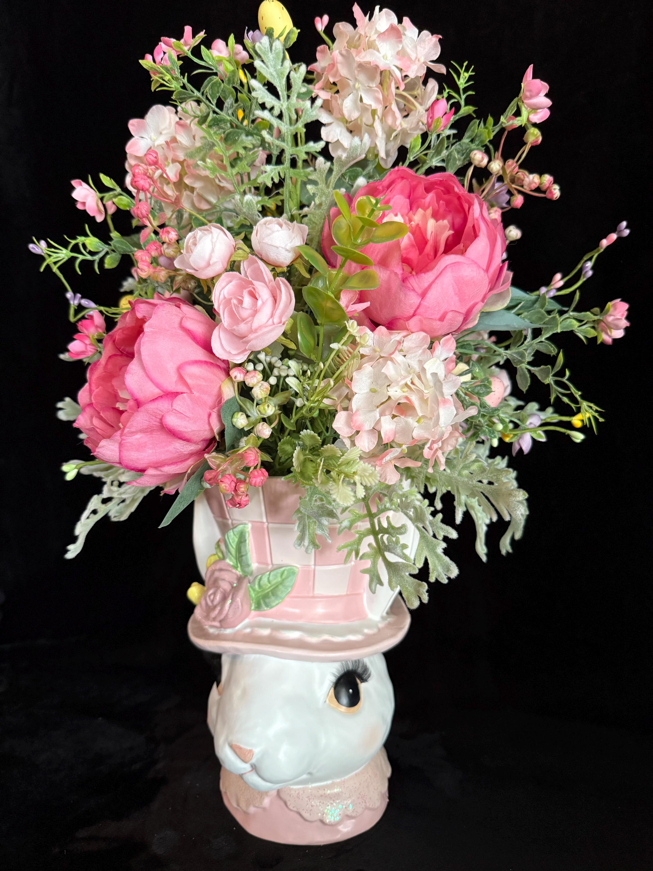 Easter Bunny Floral Arrangement: Pink Peonies & Roses in Resin Vase - Etsy