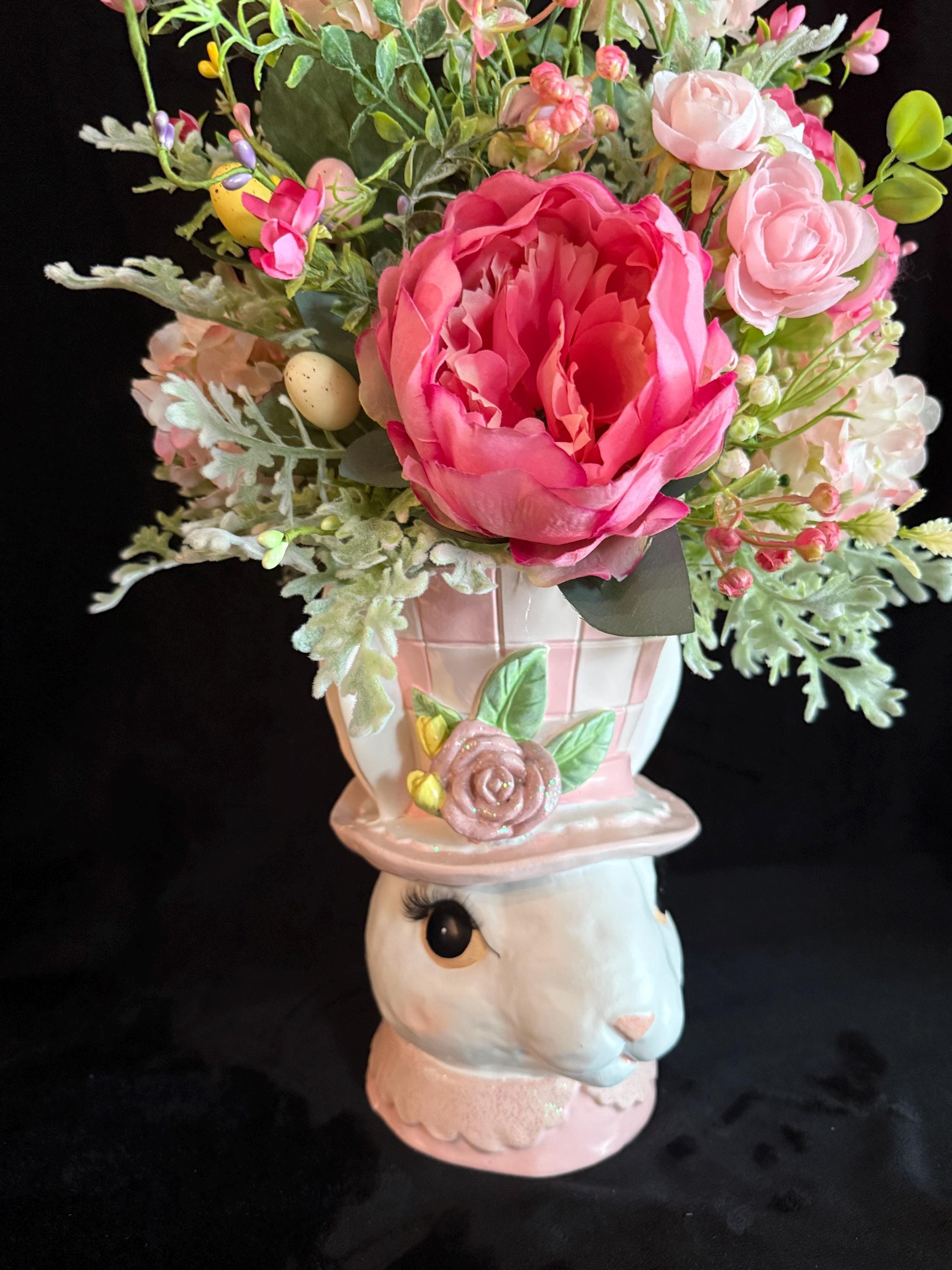 Easter Bunny Floral Arrangement: Pink Peonies & Roses in Resin Vase - Etsy