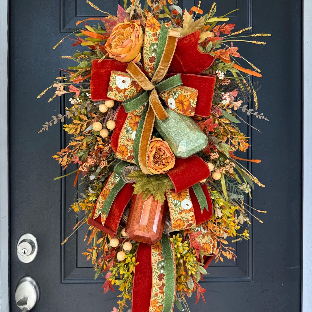 Fall Door Swag: Handmade Autumn Floral Decor With Velvet Ribbon - Etsy
