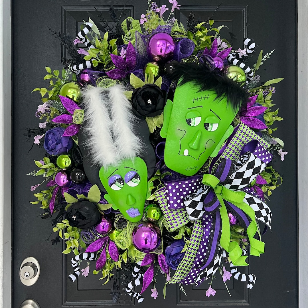 Halloween Frankenstein Wreath for Front Door, Frankenstein and Bride ...