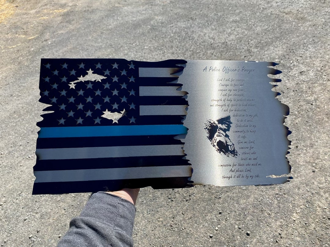 Thin Blue Line Metal American Flag With Policeman's Prayer, Metal Art ...