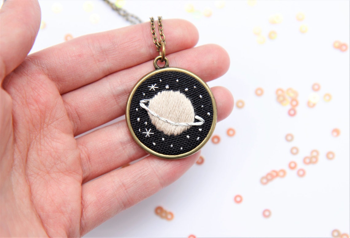 Planet Necklace, Saturn Jewelry, Embroidered Necklace, Space Themed ...