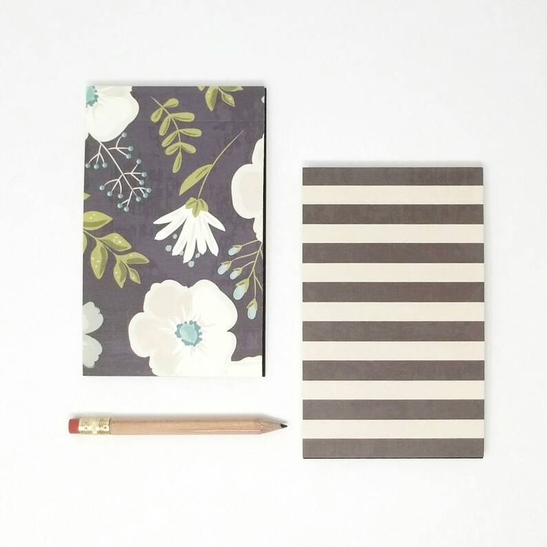 Set of 2 Notepads W/pencil / Floral Stripes / Gray - Etsy