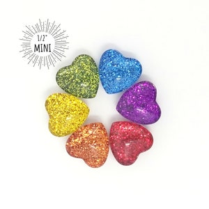 Rainbow Glitter Mini Magnets // Set of 6 - 12mm Heart-shaped Glass ...