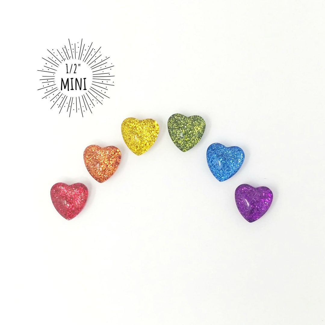 Rainbow Glitter Mini Magnets // Set of 6 - 12mm Heart-shaped Glass ...