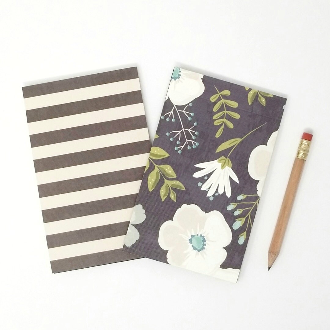 Set of 2 Notepads W/pencil / Floral Stripes / Gray Turquoise// Handmade ...