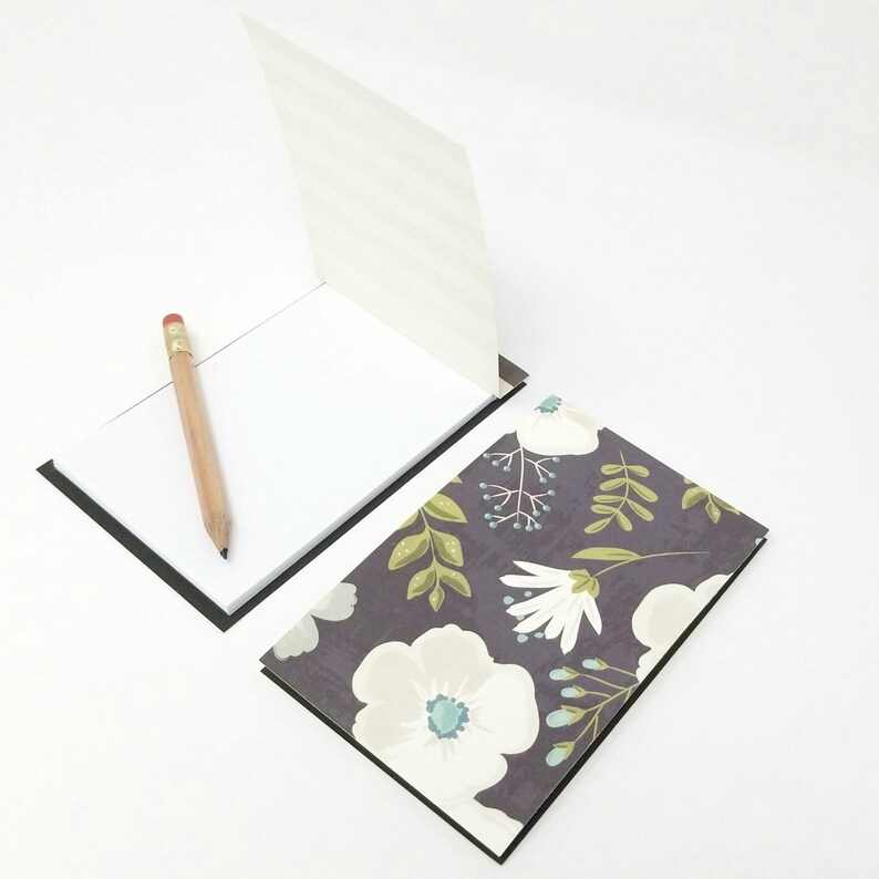 Set of 2 Notepads W/pencil / Floral Stripes / Gray - Etsy