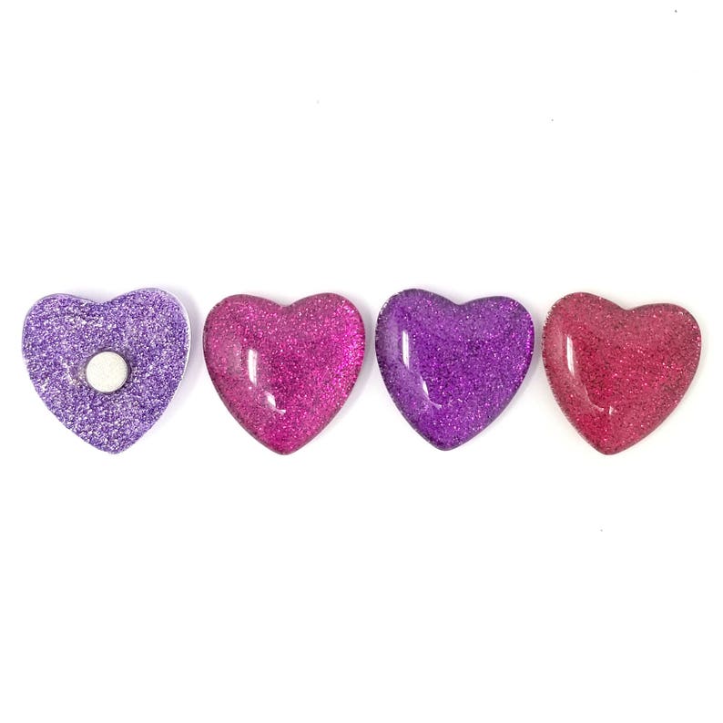 Glitter Magnets // Set of 4 - 1” Heart-shaped Glass Magnets // Pink and ...