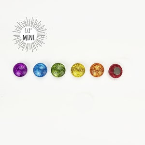 Rainbow Glitter Mini Magnets // Set of 6 - 12mm - 1/2" Round Glass ...