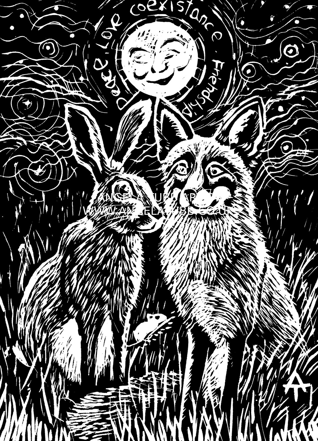 LINO PRINTED Fox and Hare A3 Artwork by Angela Tubb - Etsy