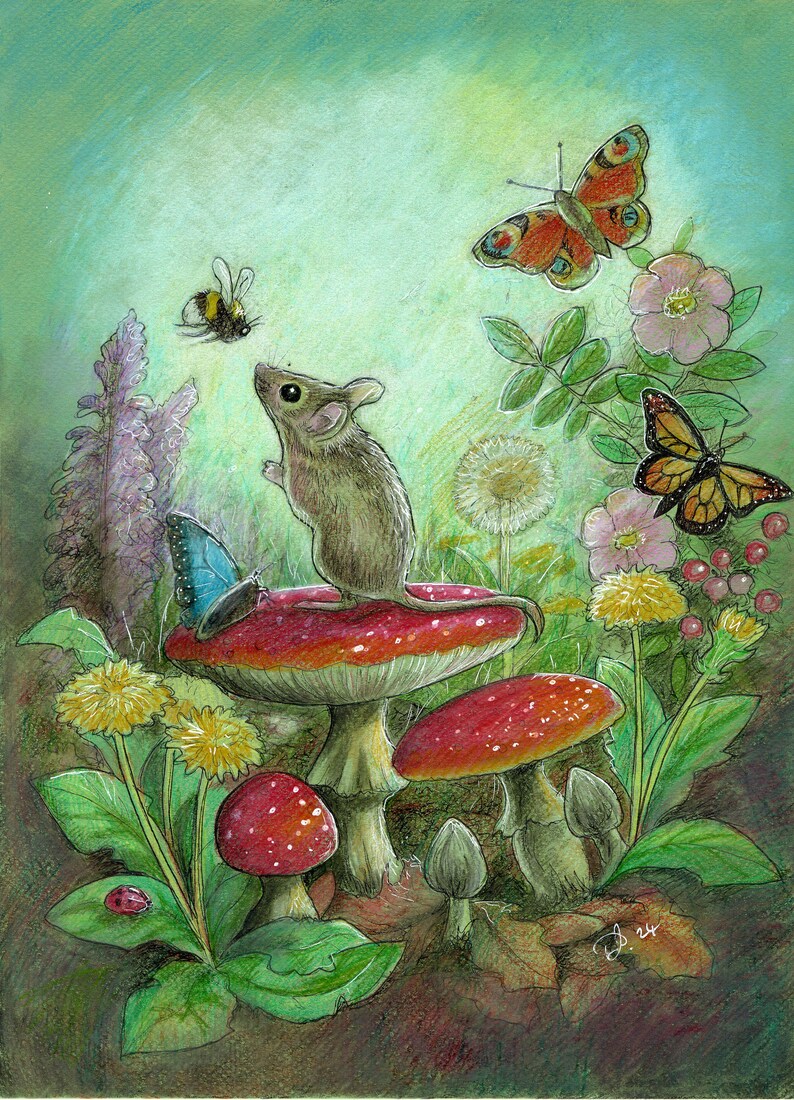 Mouses Secret Garden. A3 Mouse and Toadstool Drawing - Etsy