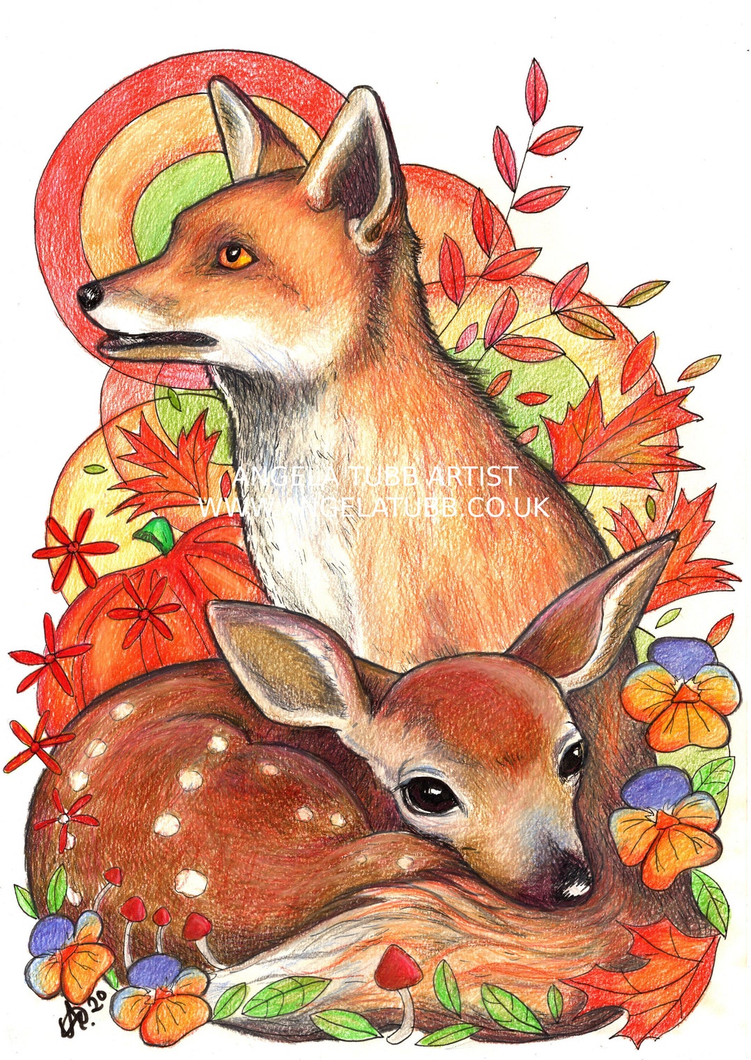 Fox and Fawn With Flowers A4 Print - Etsy