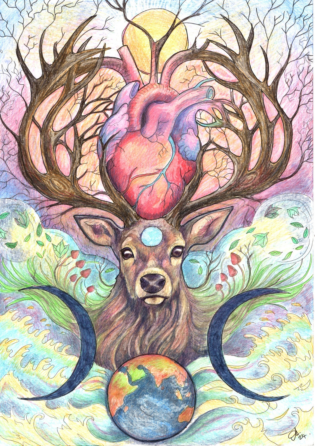 Symbiotic Rhythm an A3 Drawing of a Stag With Human Heart Showing ...