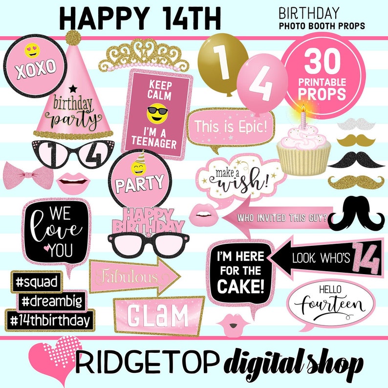14th Birthday PHOTO BOOTH PROPS Pink 14th Birthday Party - Etsy