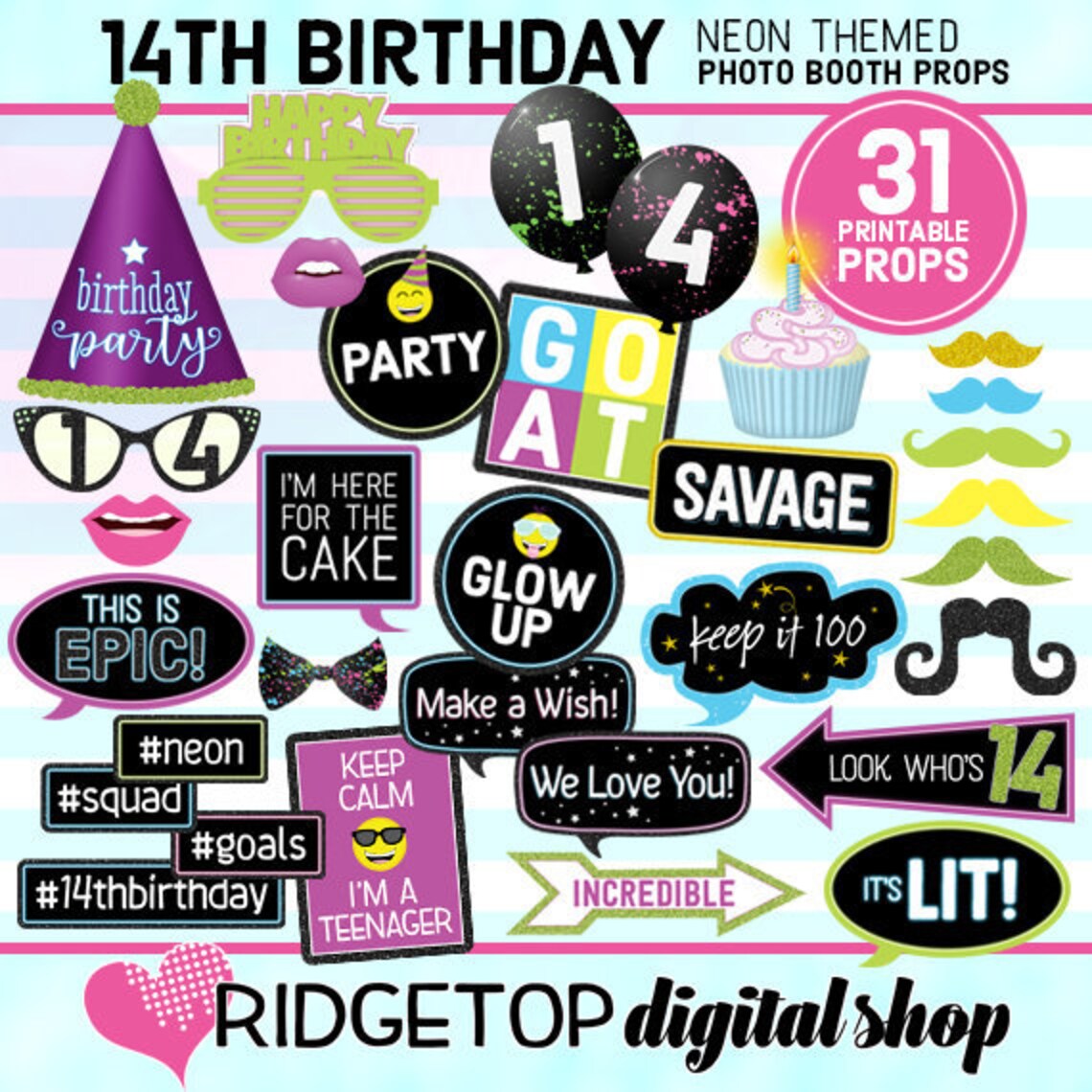 NEON 14TH BIRTHDAY Photo Booth Props Glow Birthday Party | Etsy