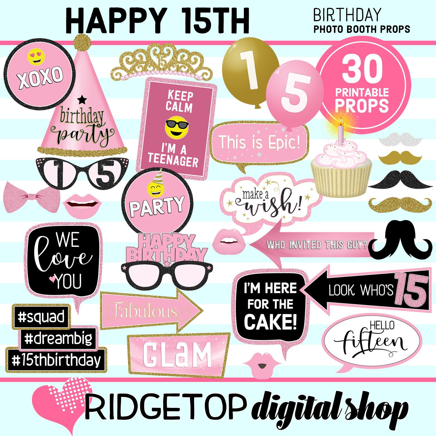 15th Birthday PHOTO BOOTH PROPS Pink 15th Birthday Party - Etsy