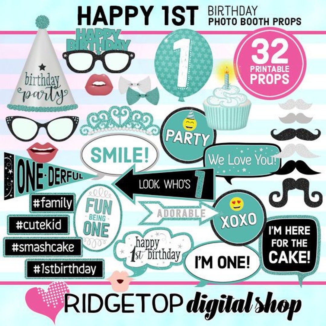 1st BIRTHDAY, Photo Booth Props, 1st Birthday Party, Turquoise, Selfie ...
