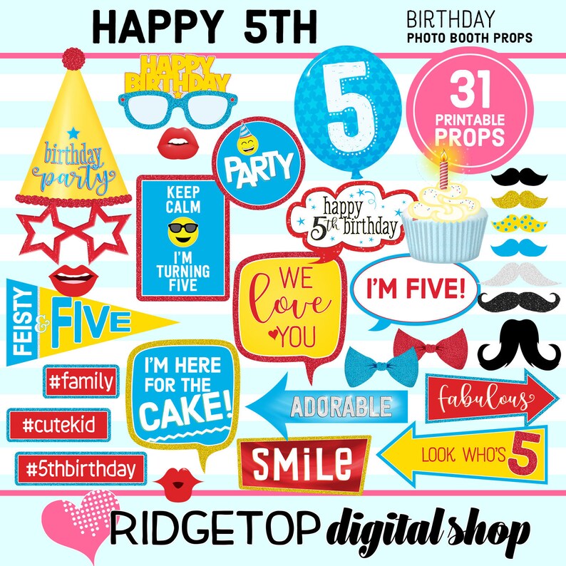 5th Birthday Printable PHOTO BOOTH PROPS 5th Birthday Party - Etsy