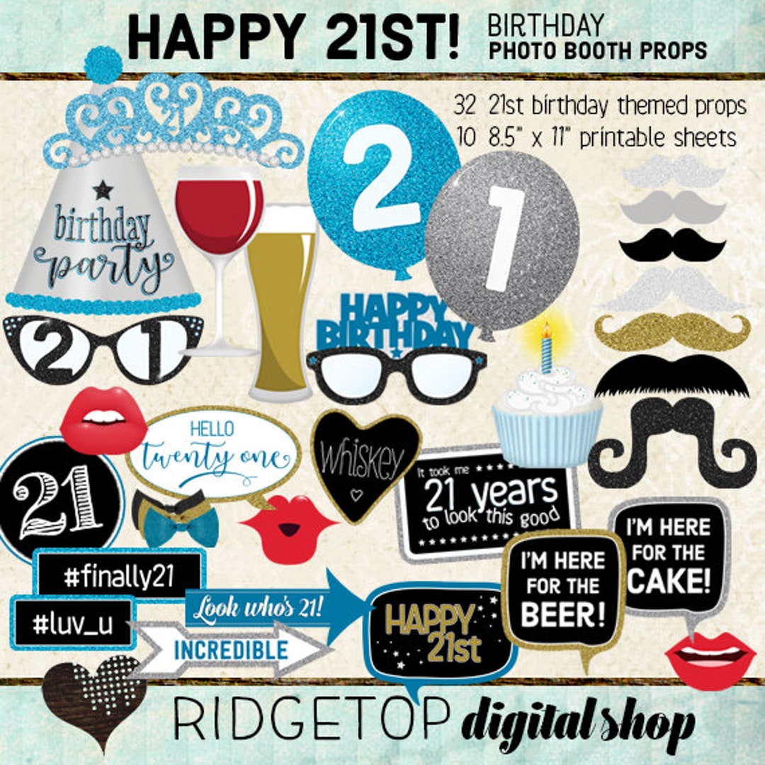 21st BIRTHDAY, Photo Booth Props, Blue, Silver, Gold, 21st Birthday ...