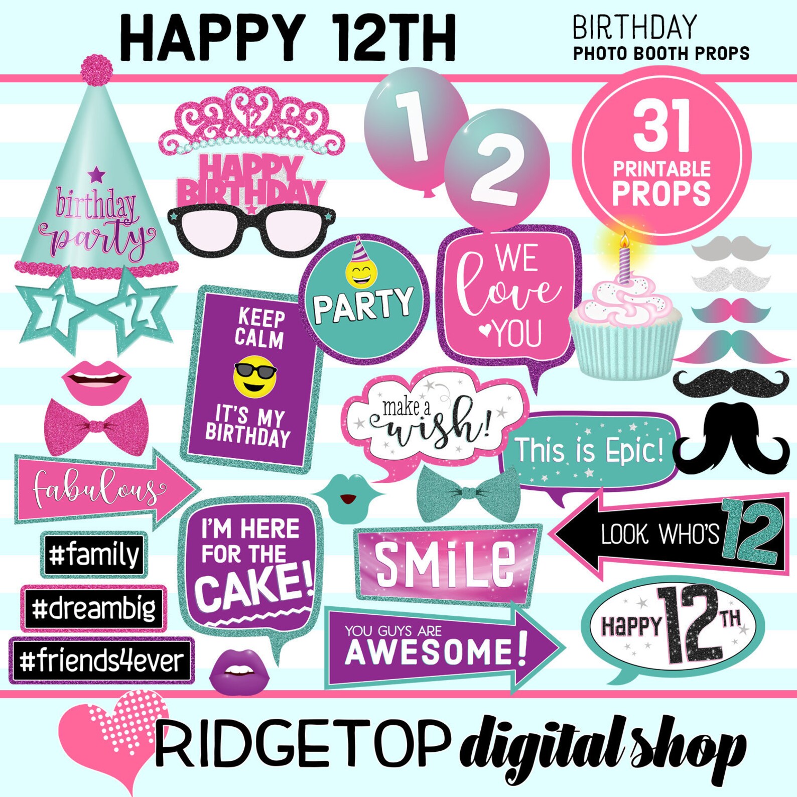 12th Birthday Printable PHOTO BOOTH PROPS Pink Purple | Etsy