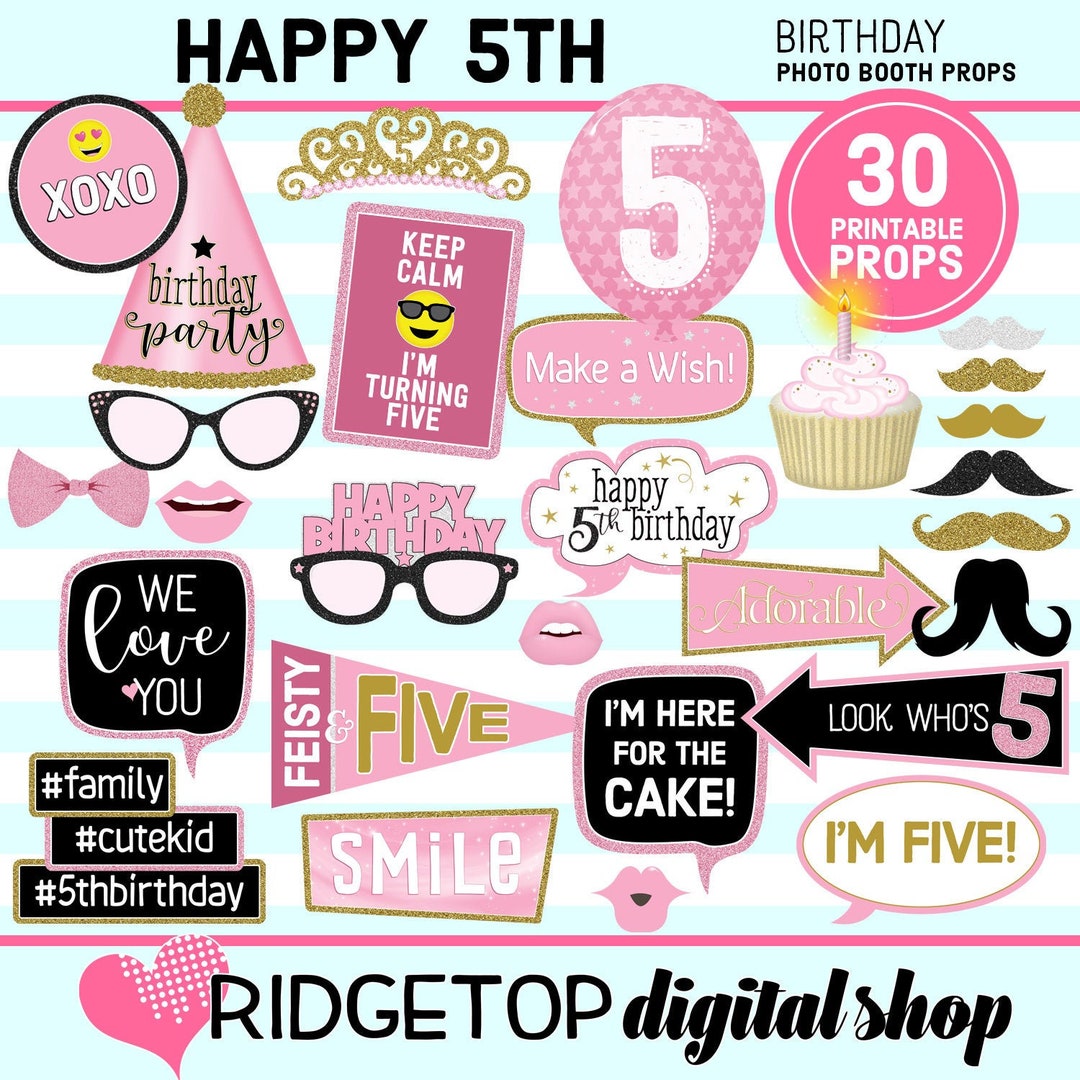 5th Birthday, PHOTO BOOTH PROPS, Pink, Gold, 5th Birthday Party ...