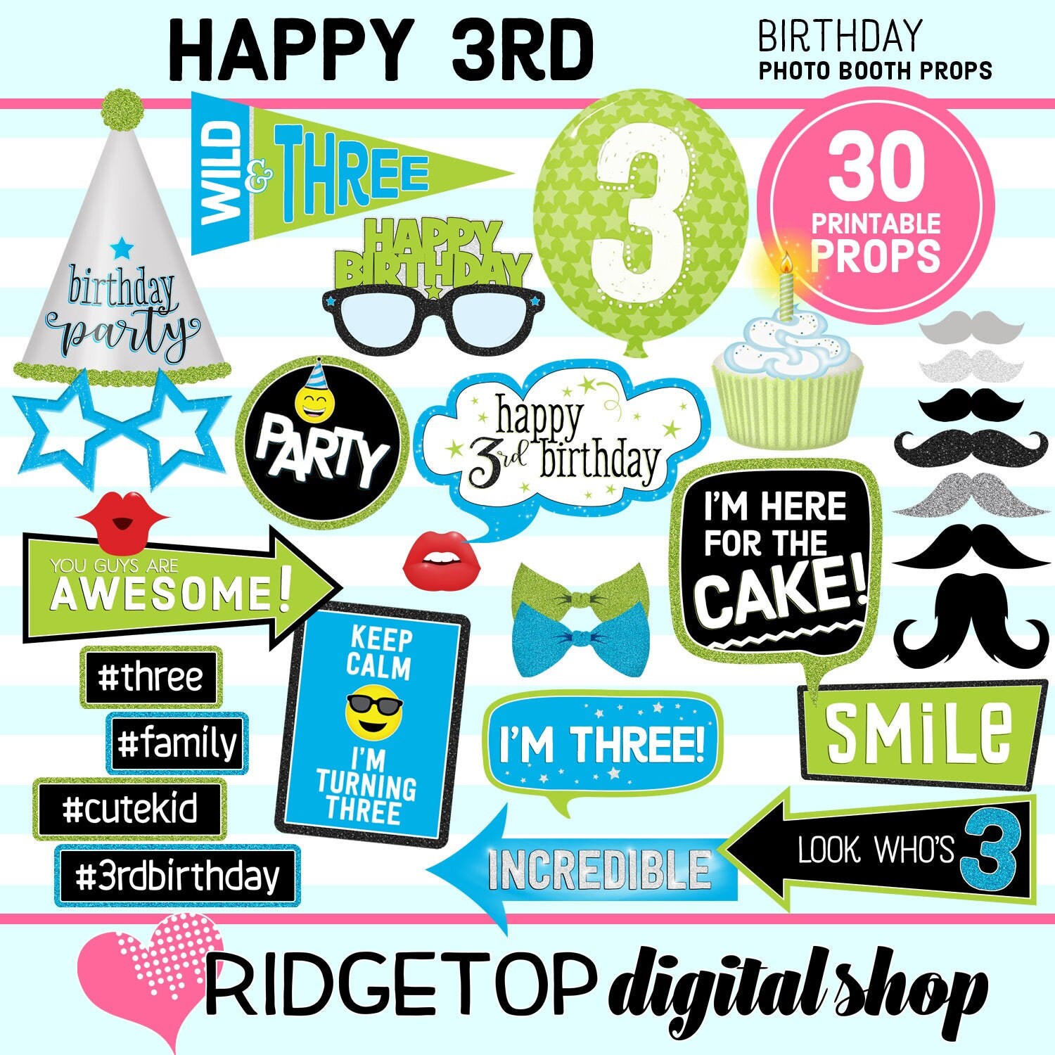 3rd Birthday Printable PHOTO BOOTH PROPS Blue Lime Green | Etsy